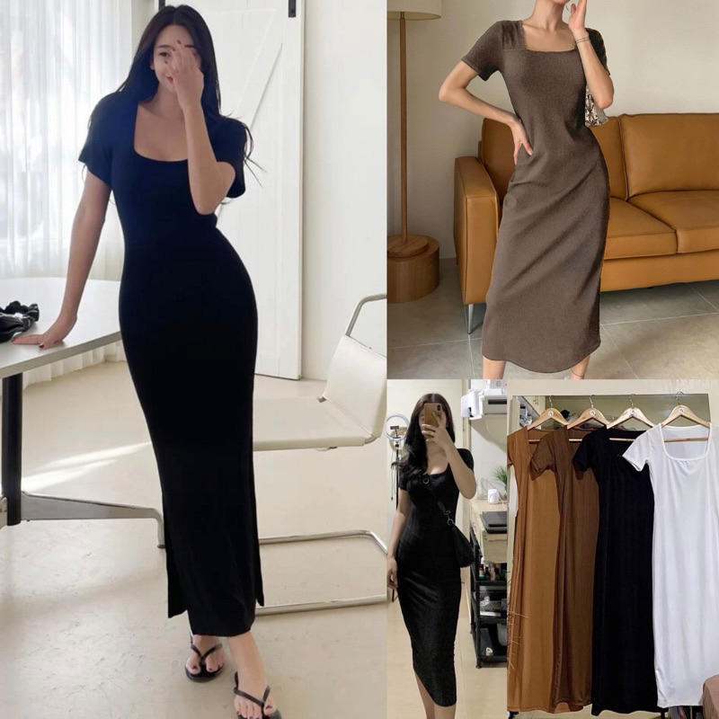 AURORA KOREAN Knitted Squareneck Maxi Long Dress | Shopee Philippines