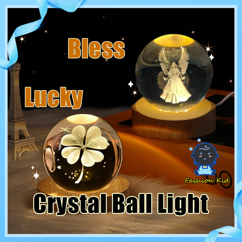 3D Warm Color Crystal Ball Night Lamp with Wooden Base and Gift Box USB ...