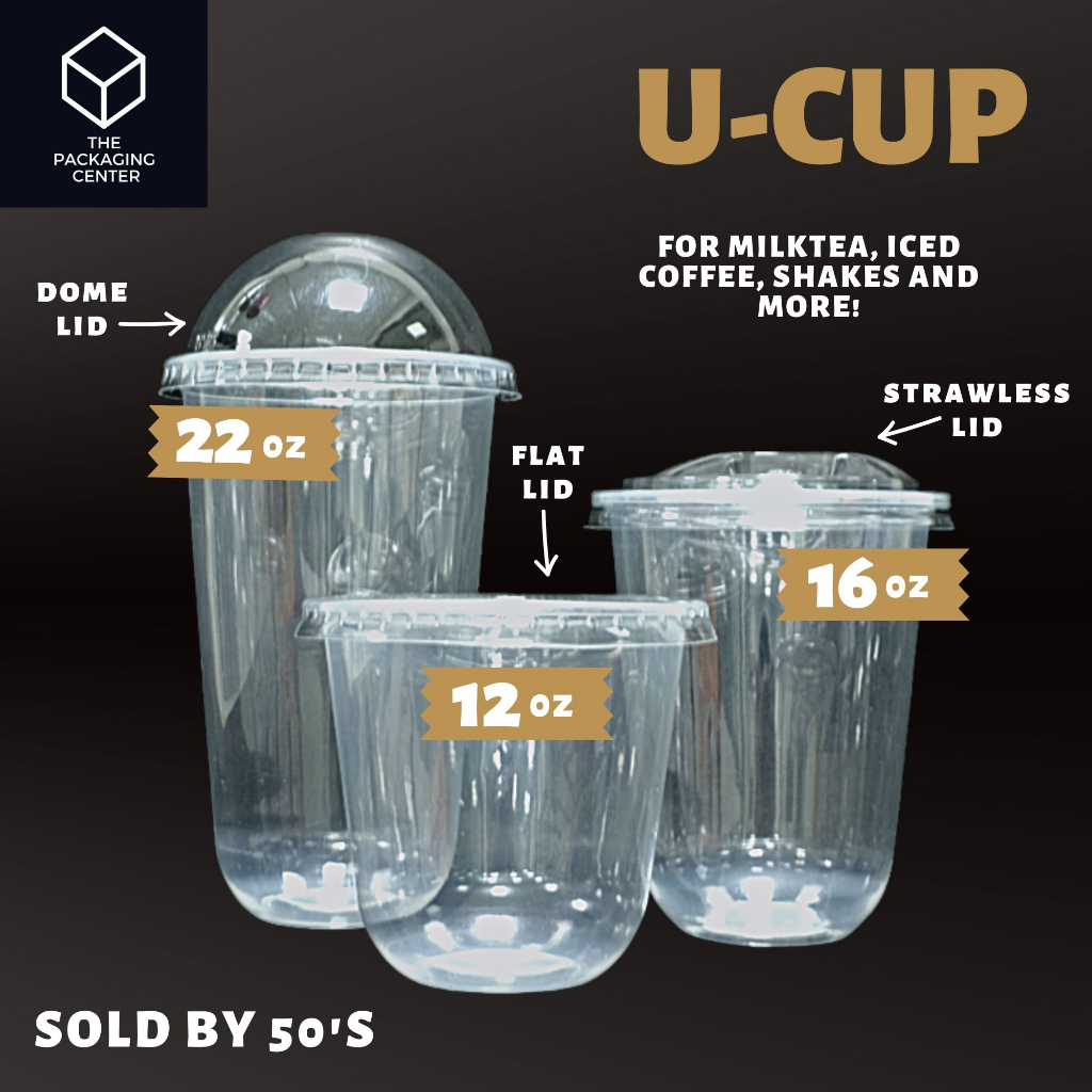 U-CUP 95mm Plastic PP Milk Tea Cups 8oz/12oz/16oz/22oz-50pcs ( Flat Lid / Strawless Lid / Dome ...