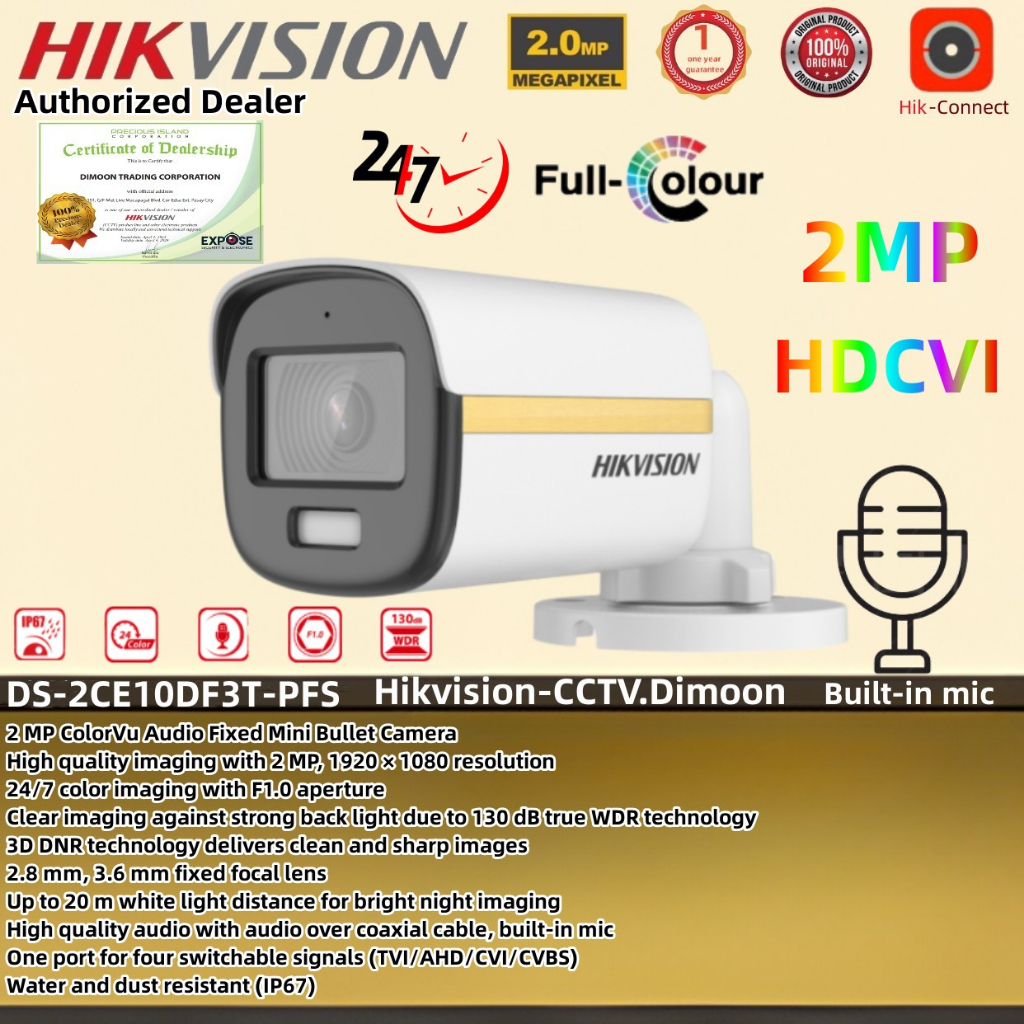 Hikvision 2MP HD Full-color With audio Bullet CCTV Camera outdoor Wired ...