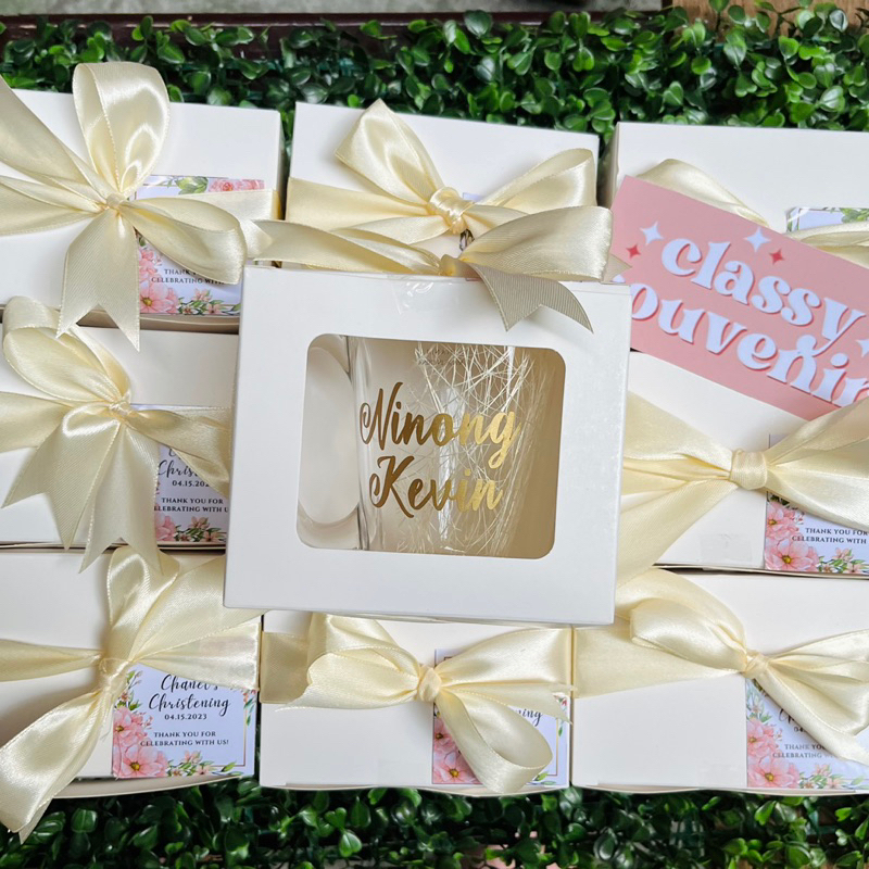 LOWEST PRICE Clear Mugs Personalized with Print, Ribbon, Tag and Box ...