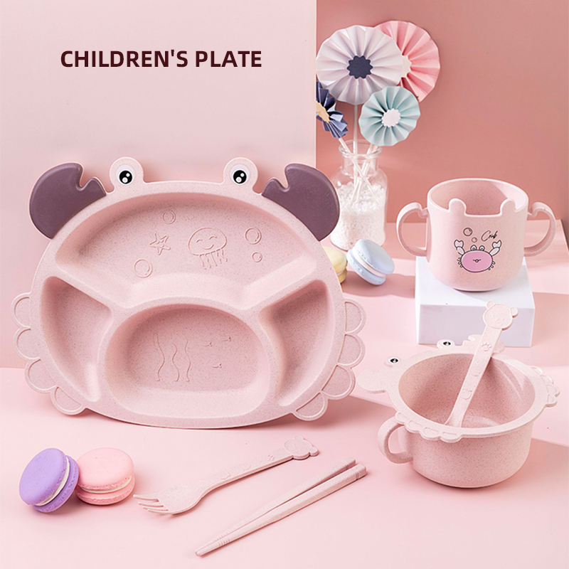 6PCS Crab Baby Plate Set With Cup Fork Spoon Set Kid Wheat Straw Plate ...