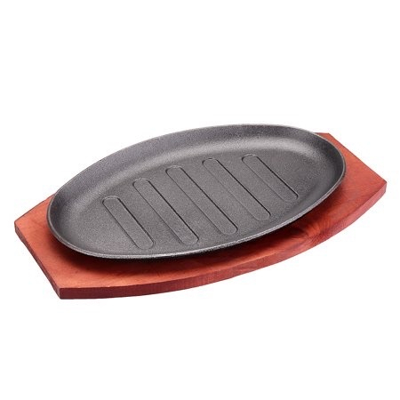 KCL.SIZZLING PLATE CAST IRON OVAL & ROUND Shape WITH WOODEN BASE ...