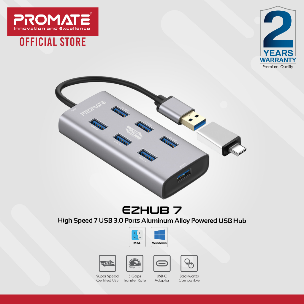 Promate EzHub-7 Aluminium Alloy Powered USB Hub • 7 USB 3.0 Ports • USB-C Adaptor | Shopee ...