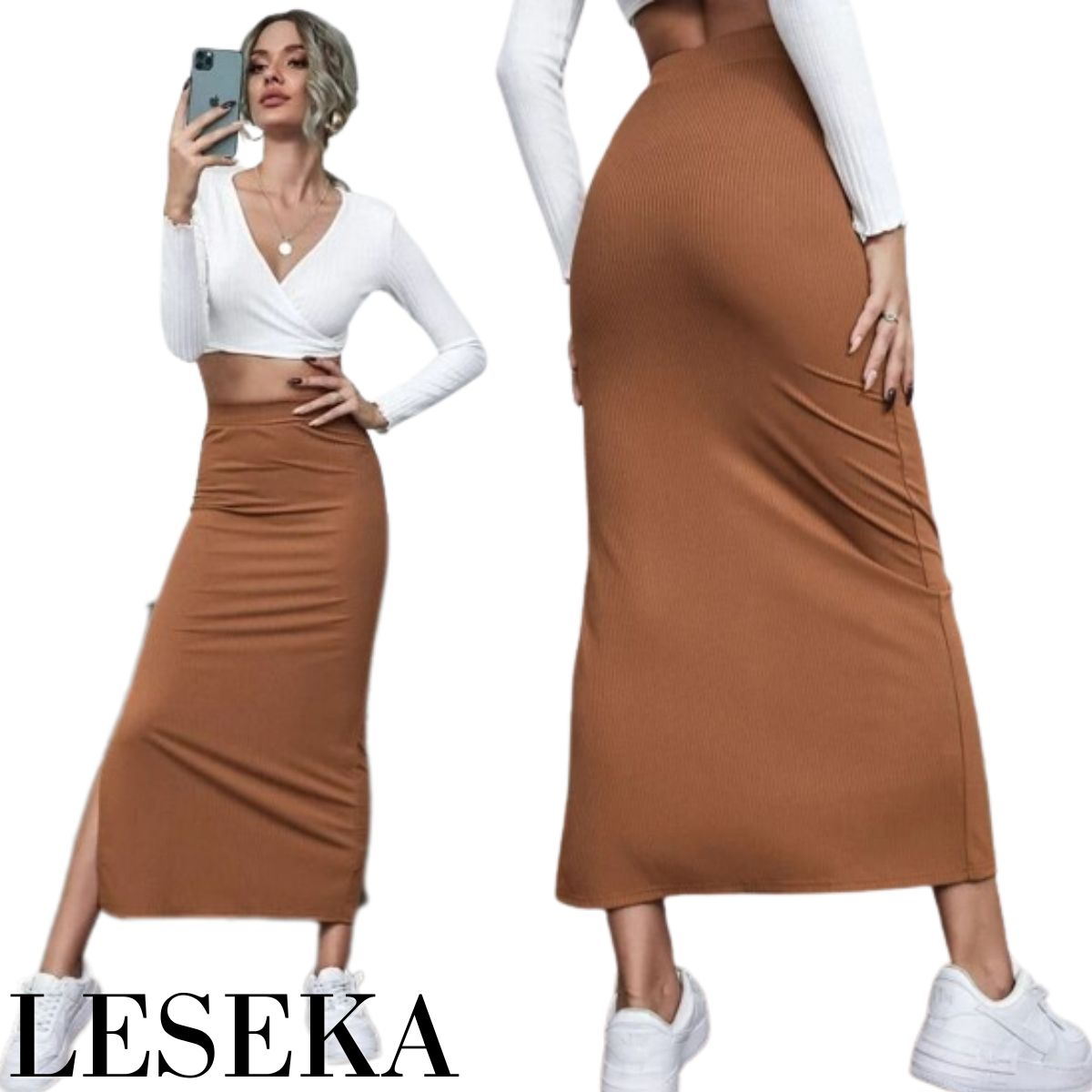 Leseka Furonda High Waist Long Skirt Slit PL For Womens Crepe Fabric ...