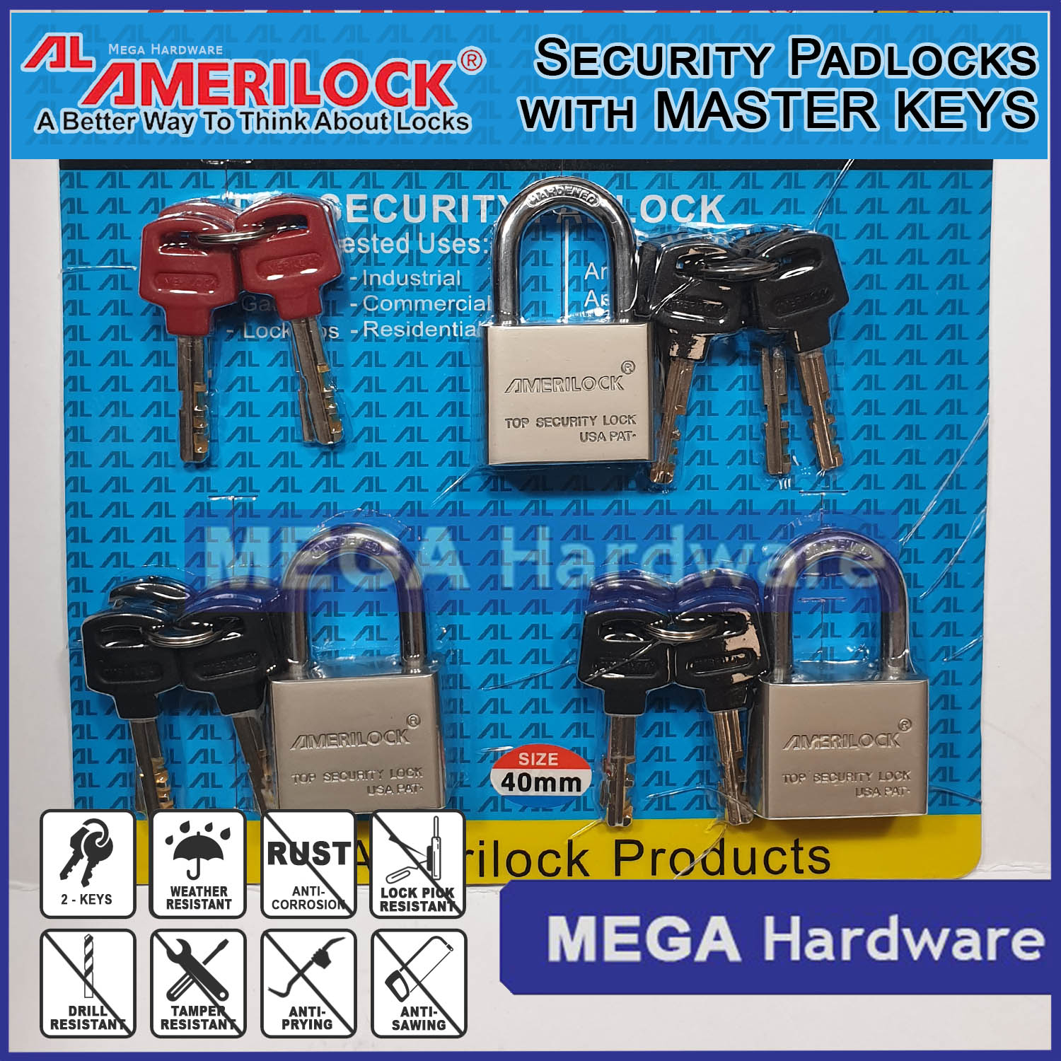 Amerilock Heavy Duty Padlock Satin Stainless with Master Key (Keyed ...