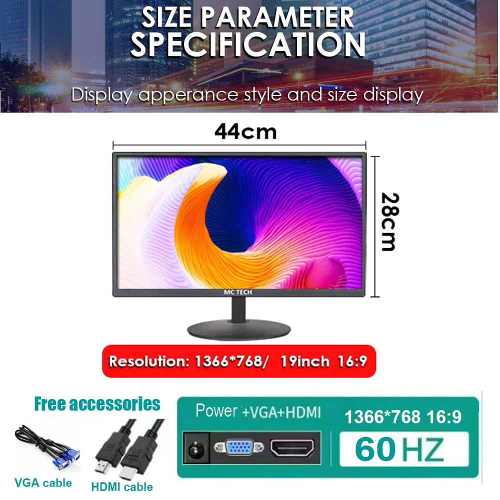 MCTECH Original Brand New Monitor 19" 24" Monitors HDMI VGA For ...