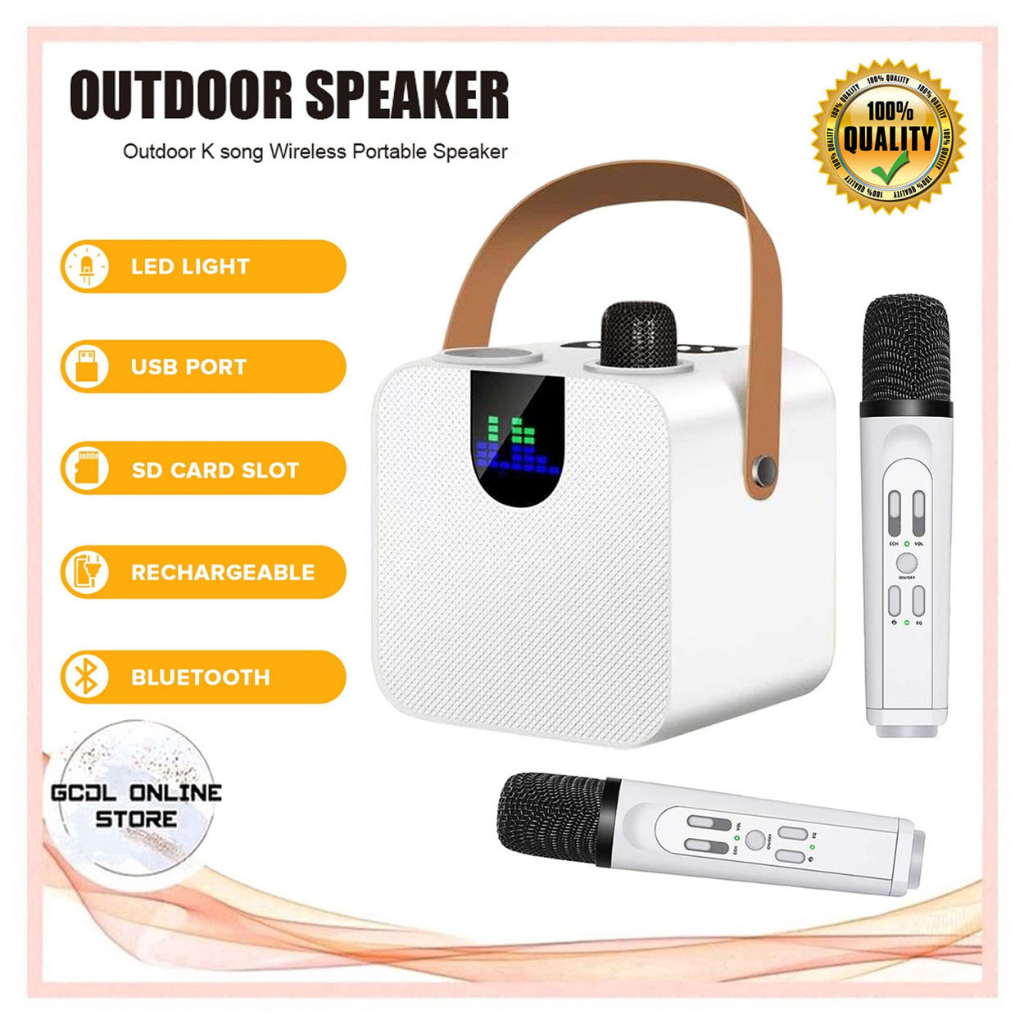 SP-200 Portable Outdoor Karaoke w/ 2 Wireless Mic. Rechargeable Built in LED Light Display ...