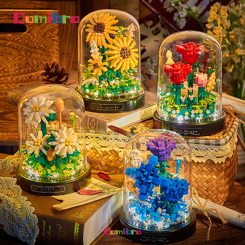 Flowers Set Building Blocks Toys Tulips Rose Sunflower with Glass Cover ...