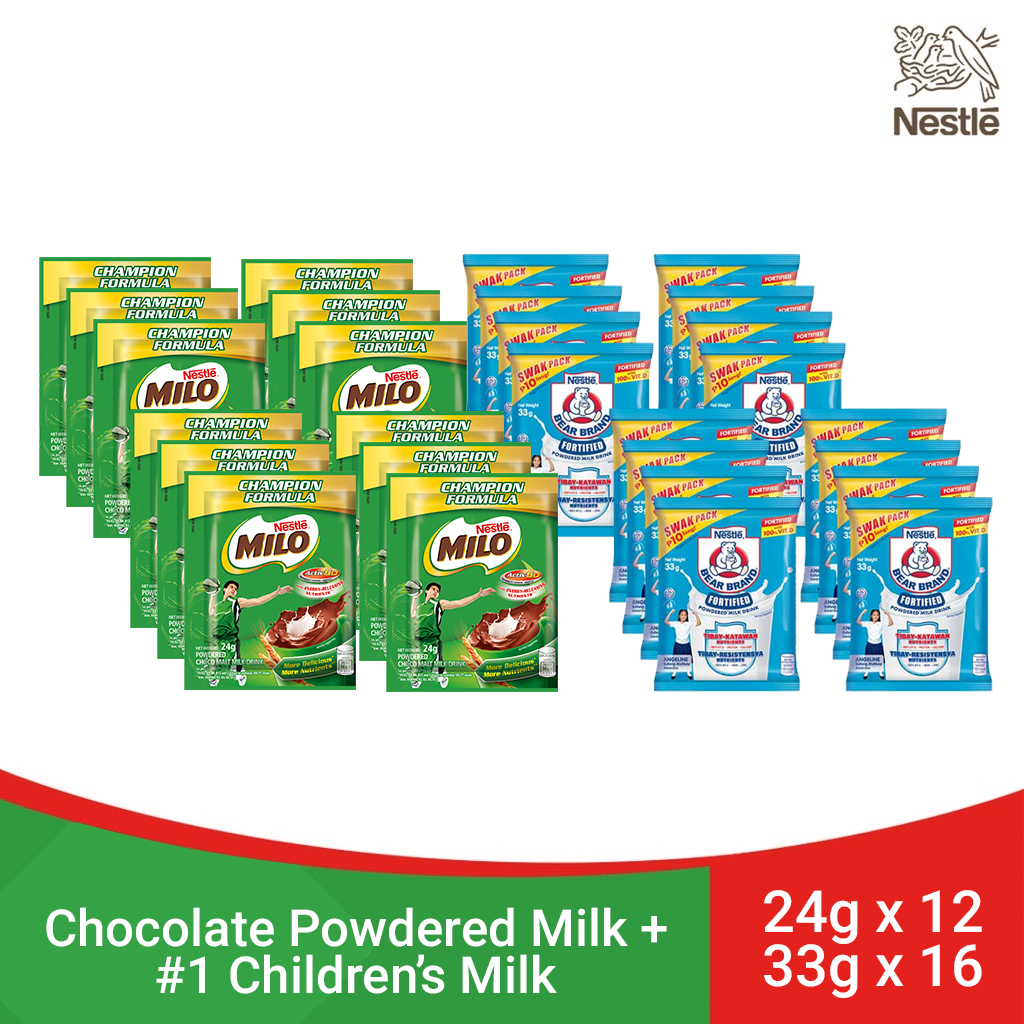 Milo Choco Powdered Milk Drink (24g x 12) + Bear Brand Powdered Milk ...