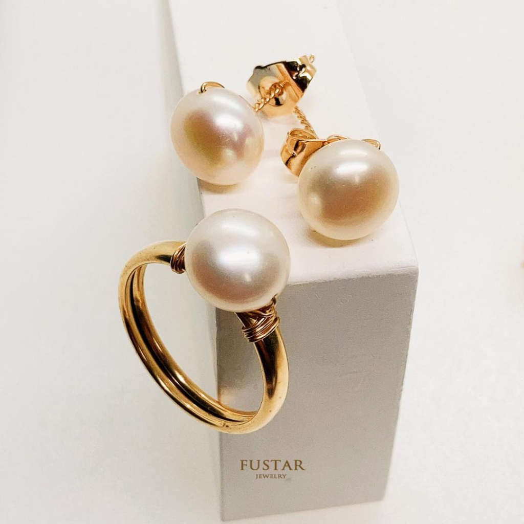 FUSTAR US 10K GOLD HANDMADE DIY FRESHWATER PEARL 2IN1 SET HYPOALLERGENIC NON-FADE NON-TARNISH ...