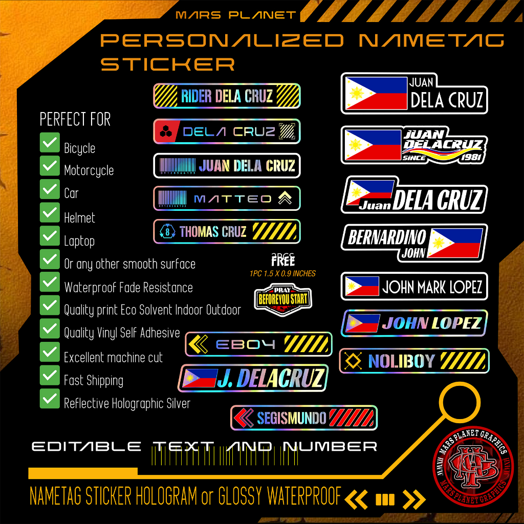 Personalized Sticker Name tag Set Printed Reflective Hologram Glossy ...