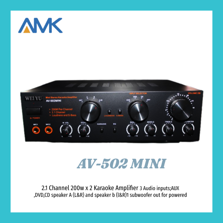 weiyu MINI AV-502 AMPLIFIER MINI 2.1 Channel 200W x 2 Karaoke Amplifier ...