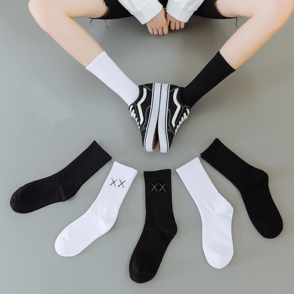 Korean Unisex 5Pairs/Pack Solid Color Socks Mid Cut Sock Baseball Foot ...