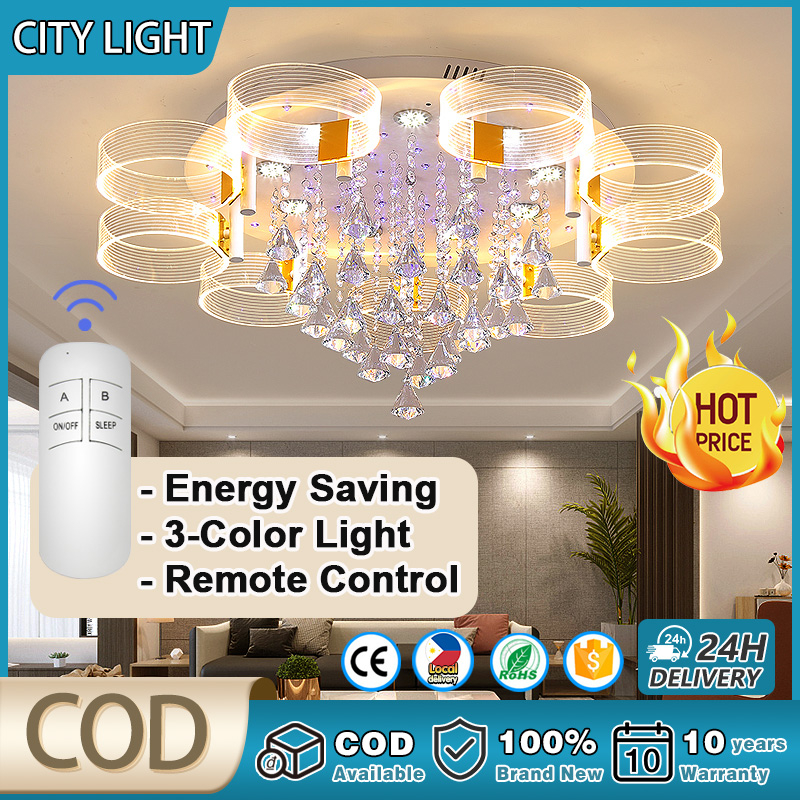 【Remote Control】 CLMall Nordic Crystal Chandelier Tri-color Ceiling ...