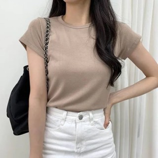 women fashion body hugging top plain round neck blouse short sleeves ...