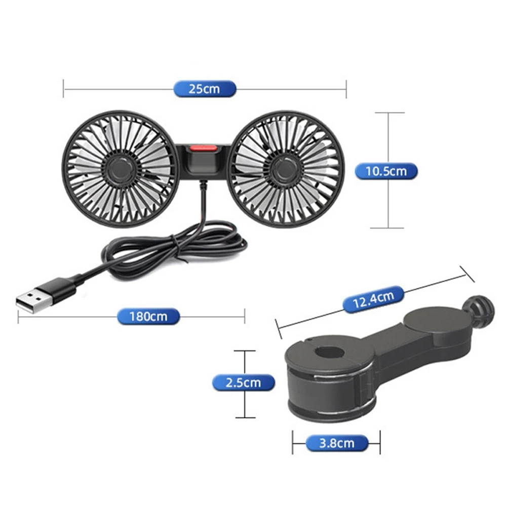SEAMETAL Car Rear Fan 360 Degrees USB Double-headed Fans 3 Speeds Wind ...