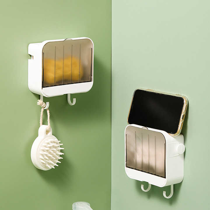 Wall Mounted Hanging Soap Rack with Cover and Hooks Household Toilet ...