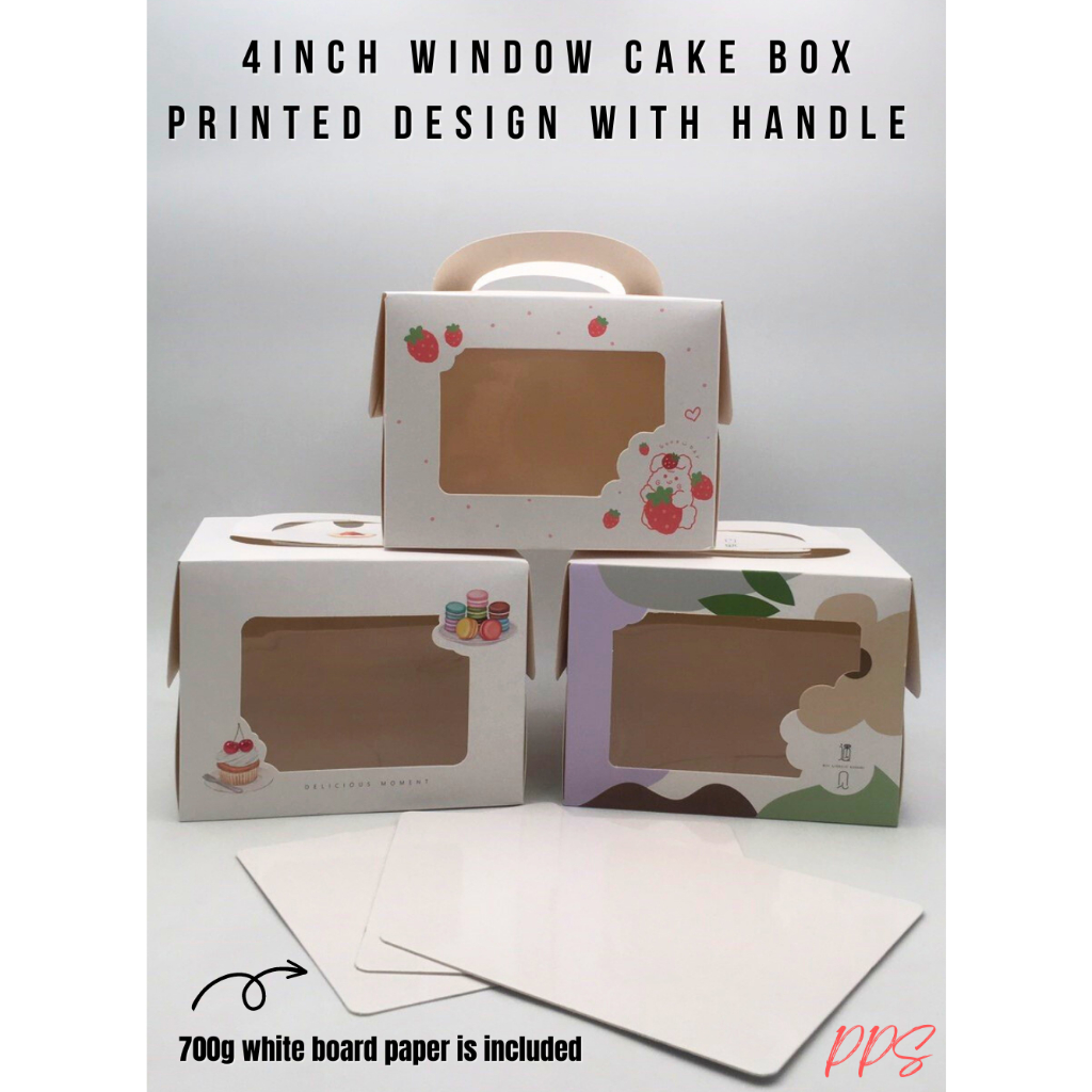 4inch Window Cake Box Printed Design with Handle (700g White Board ...