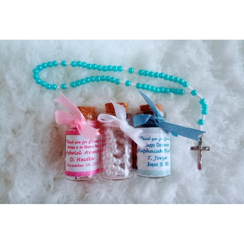 10 ocs Full mini rosary keychain in bottle with ribbon and print ...