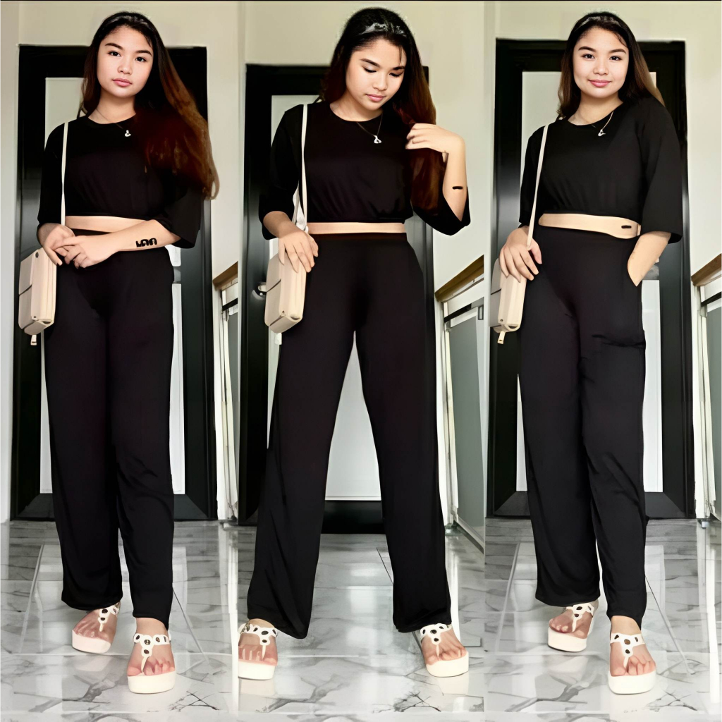Yejong Teens Terno Garterized crop 3/4 top With loose pants 2sided ...