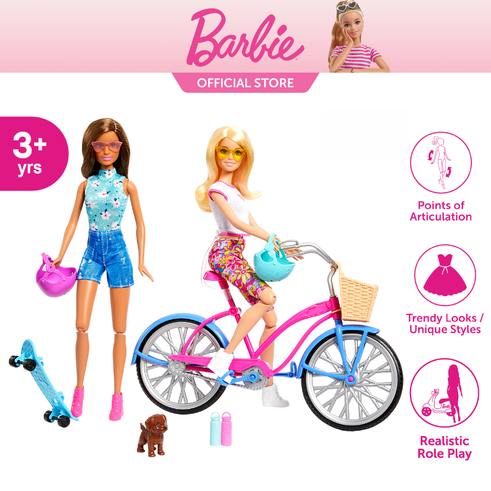 Barbie Two Dolls, Bicycle, Skateboard, Outdoor Outfit Activities with ...