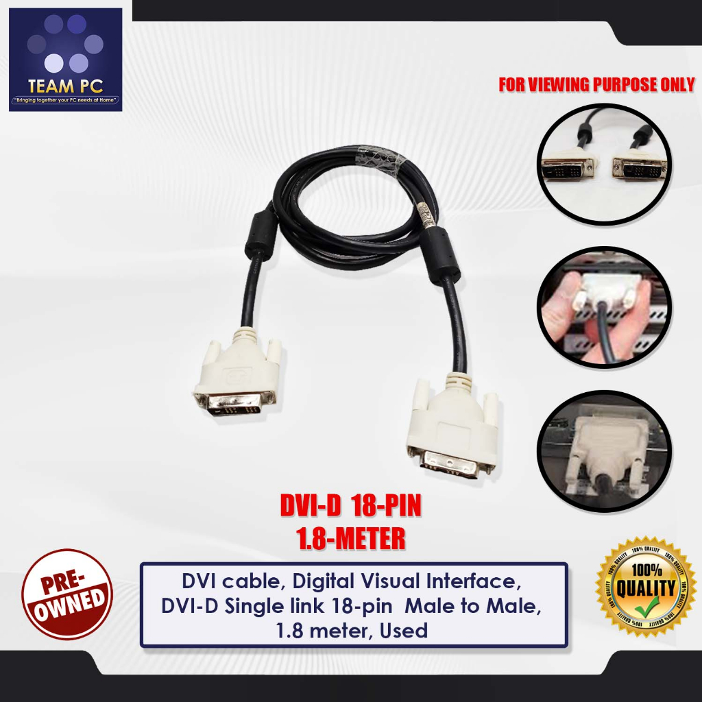 DVI cable, Digital Visual Interface, DVI-D Single link 18-pin Male to Male, 1.8 meter, Used ...