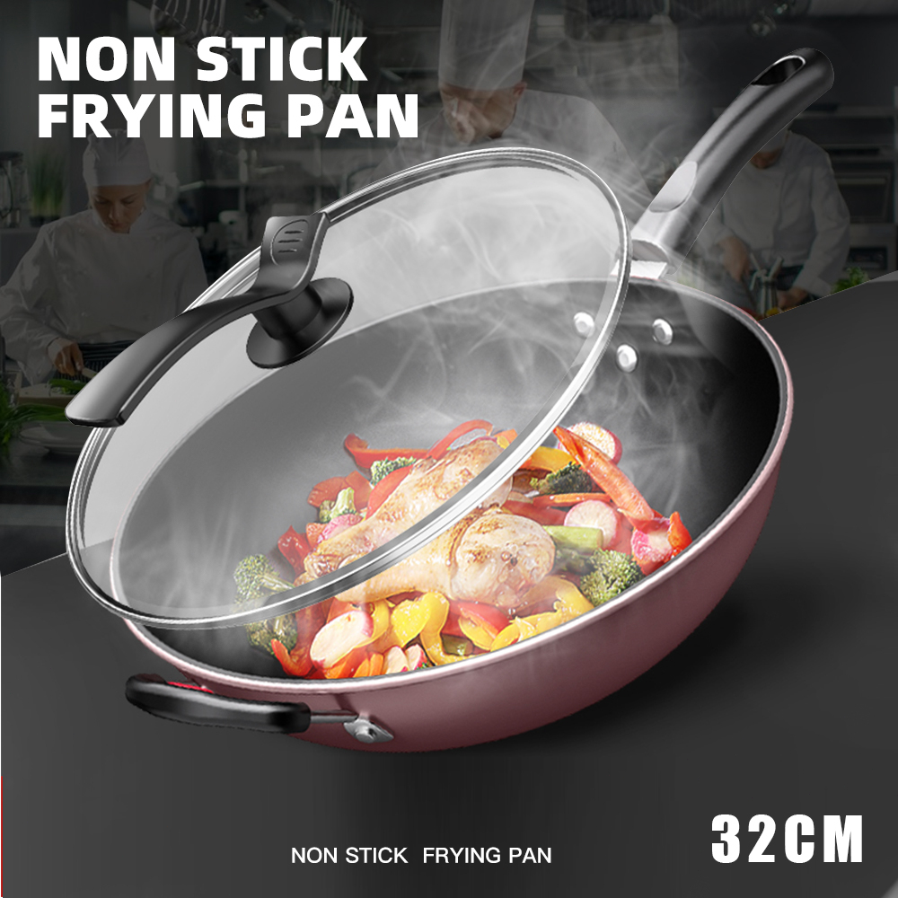 32cm Non-stick Diamond Wok Pan Kitchen Cookware Iron Frying Pan with ...