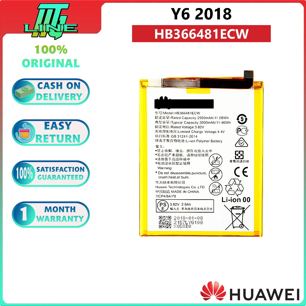 Original Hua-Wei Y6 2018 Battery HB366481ECW 2900mAh Capacity | Shopee ...