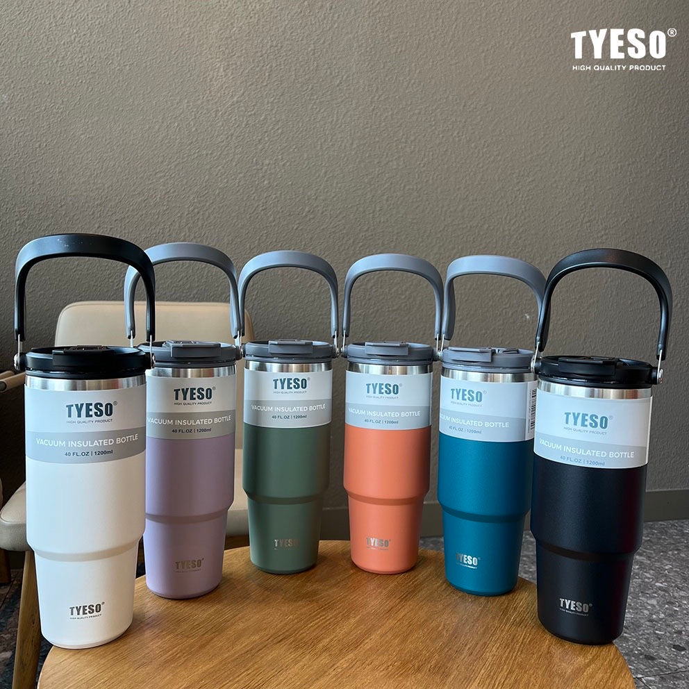 TYESO Vacuum Insulated Tumbler Stainless Steel Sports Tumbler Hot/Cold Cup with Handle Straw ...