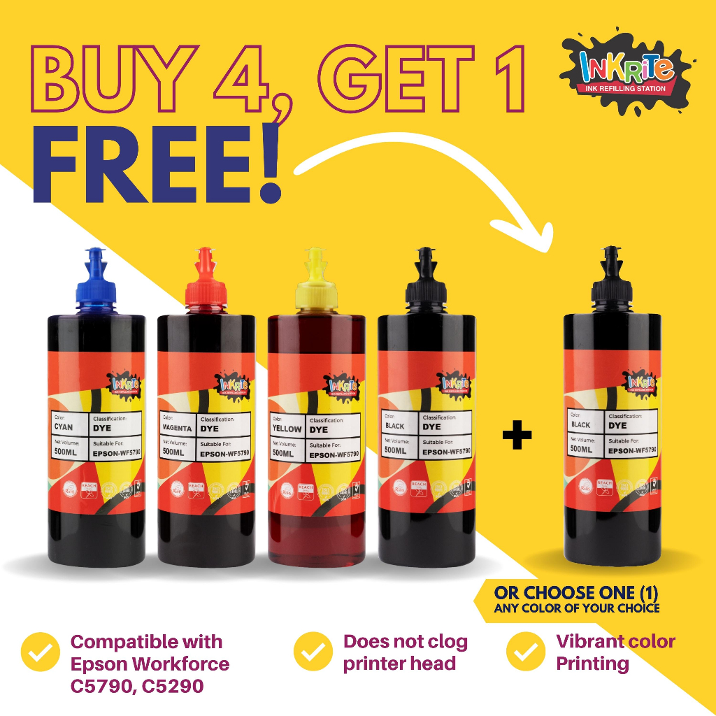 [BUY 4 GET 1 FREE] Inkrite Ink For Epson WorkForce WF C5790 C5290, 500 ...