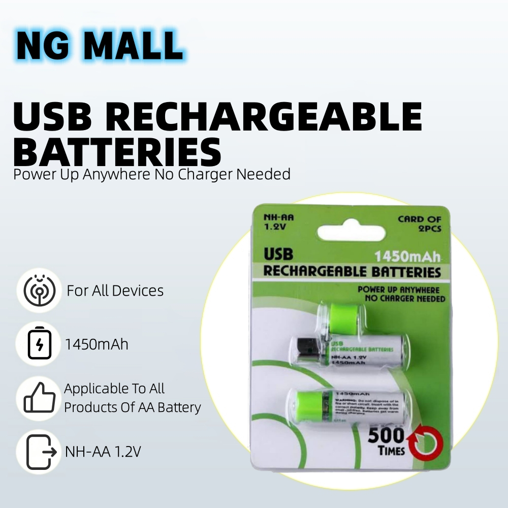 NG MALL AA USB Rechargeable Battery Pack 1450Mah (2pcs) Easy To Use No ...