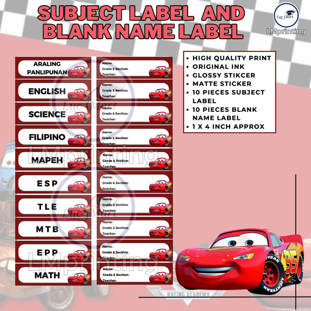 LUCSMART fast shipping - Cars Mcqueen THEMED STICKER LABEL AND NAME ...