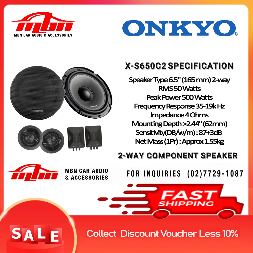 ONKYO 6.5"(165mm) 2-Way Component Speaker 50W RMS 500W MAX POWER X-S650C2 | Shopee Philippines
