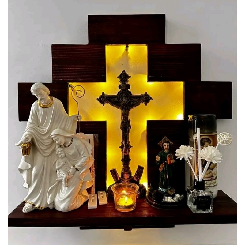 Wall mount altar. 65 cm by 65 cm by 20 cm.with LED lights dark brown ...