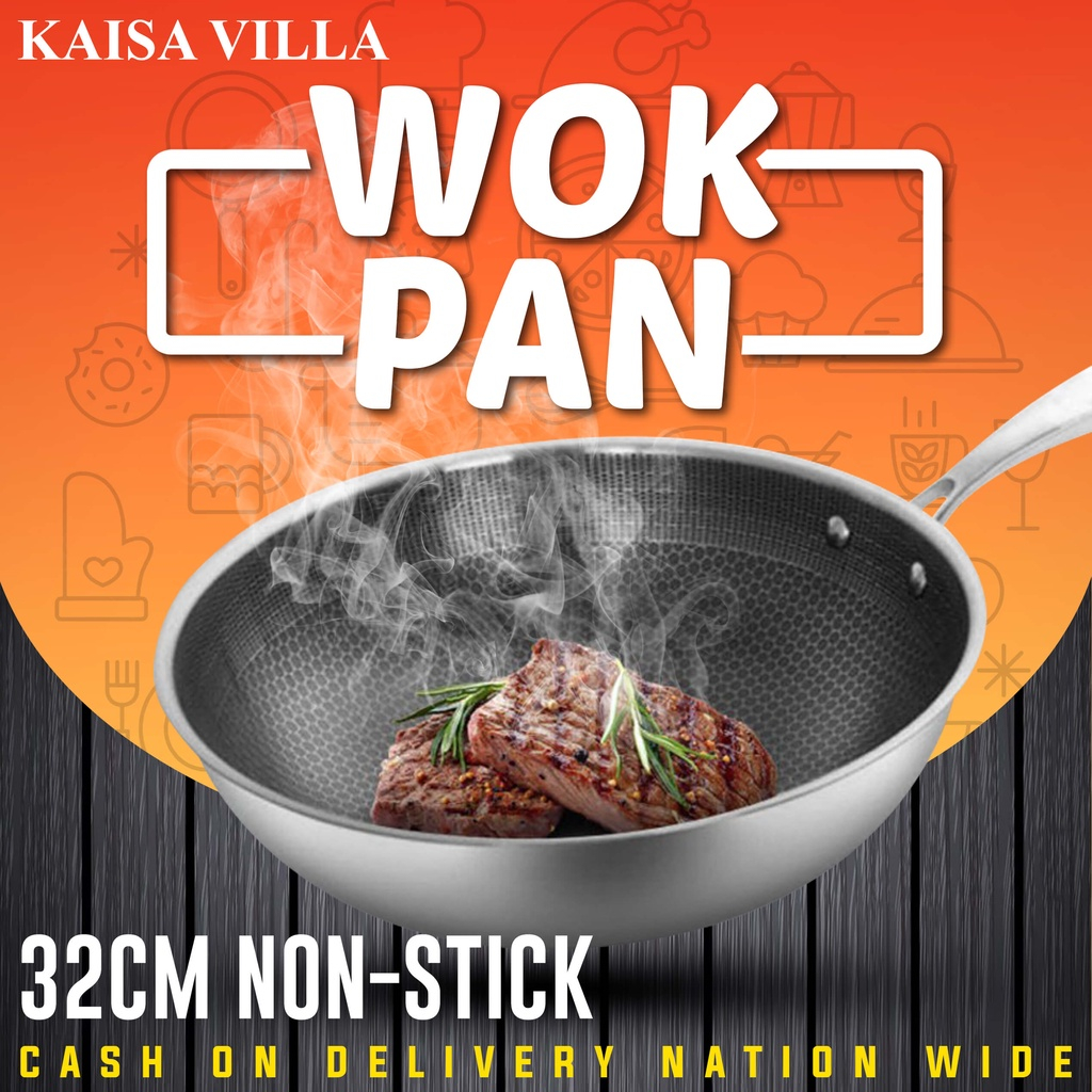 KAISA VILLA 32cm Stainless Steel Non Stick Wok Pan Honeycomb Stainless ...