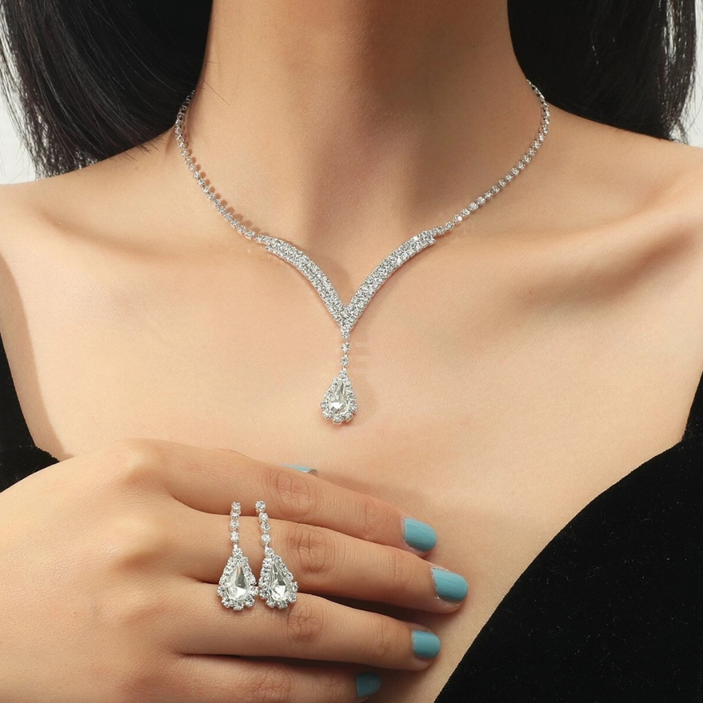 Silver Women Elegant Jewelry Set Crystal Necklace Earrings Set Wedding ...
