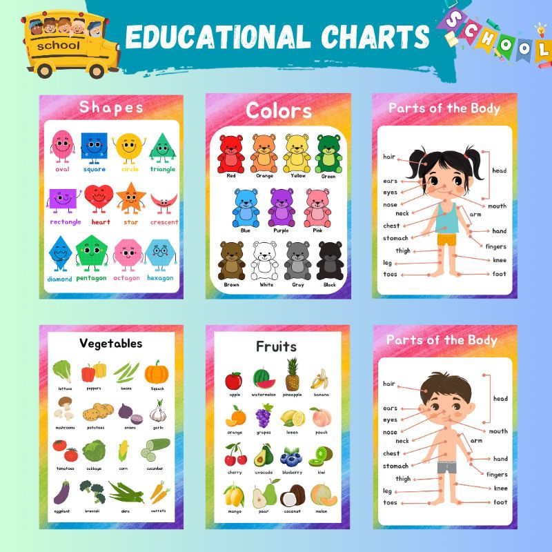 Laminated chart for kid's learning (Shape, Color, vegetables, fruits ...