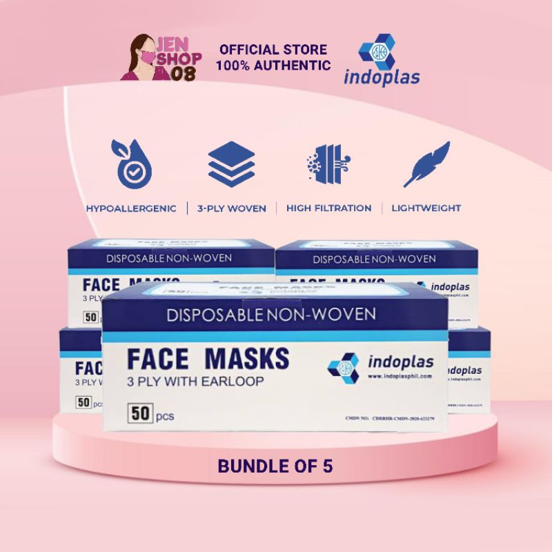 BUNDLE 5 BOX Indoplas Disposable Face Mask 3 Ply With Earloop ( 250 pcs ...