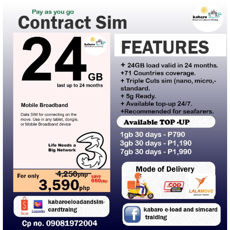 3UK PAY AS YOU GO CONTRACT SIM 24GB 2 years | Shopee Philippines