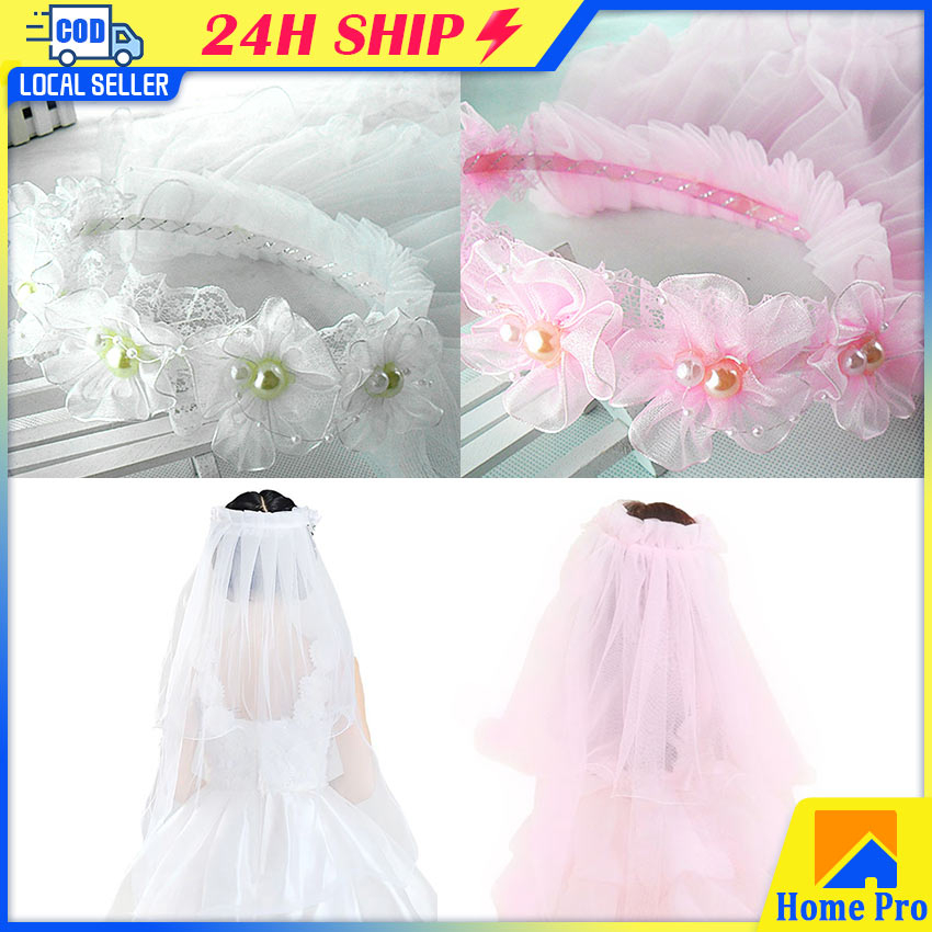 Girls Veil Headpieces with Pleated Flower Crown Wedding Ring Bearer ...