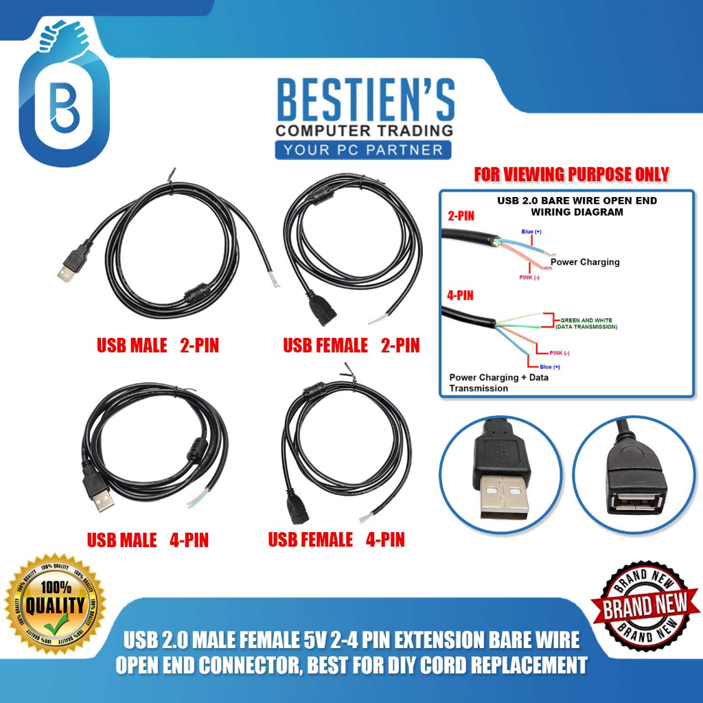 USB 2.0 MALE FEMALE 5V 2-4 PIN EXTENSION BARE WIRE OPEN END CONNECTOR ...