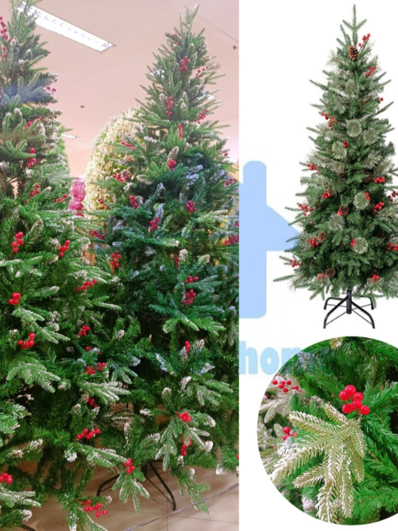 Snowy Delta Pine Tree Dark Green With Berry (7ft, 8ft) Metal Frame Set ...