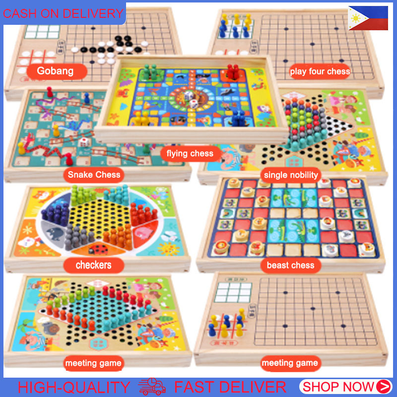 Puzzle board game set portable wooden flying chess checkers catapult snake and ladder puzzle ...