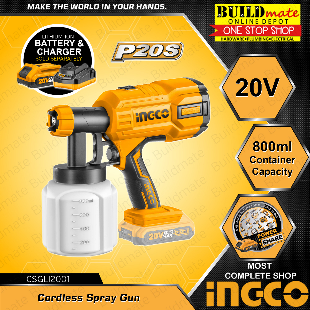 BUILDMATE Ingco 20V Cordless Spray Gun CSGLI2001 | 2PCS Combo Kit Paint ...