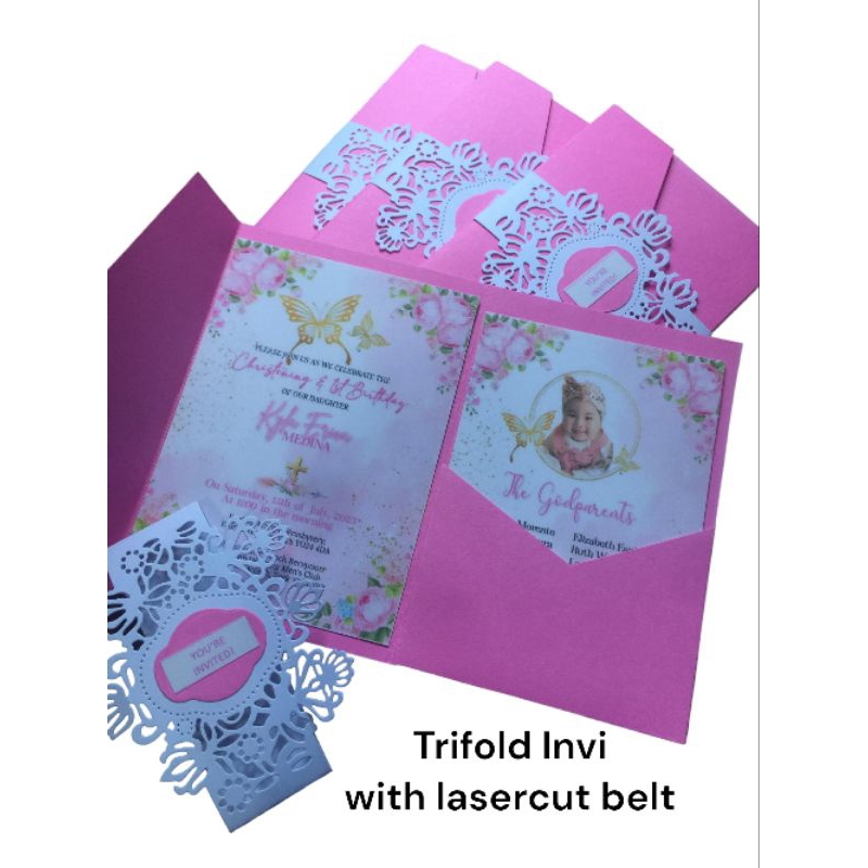Tri-fold Pocket Invitation with Lasercut belt/ 4r size/(Christening ...