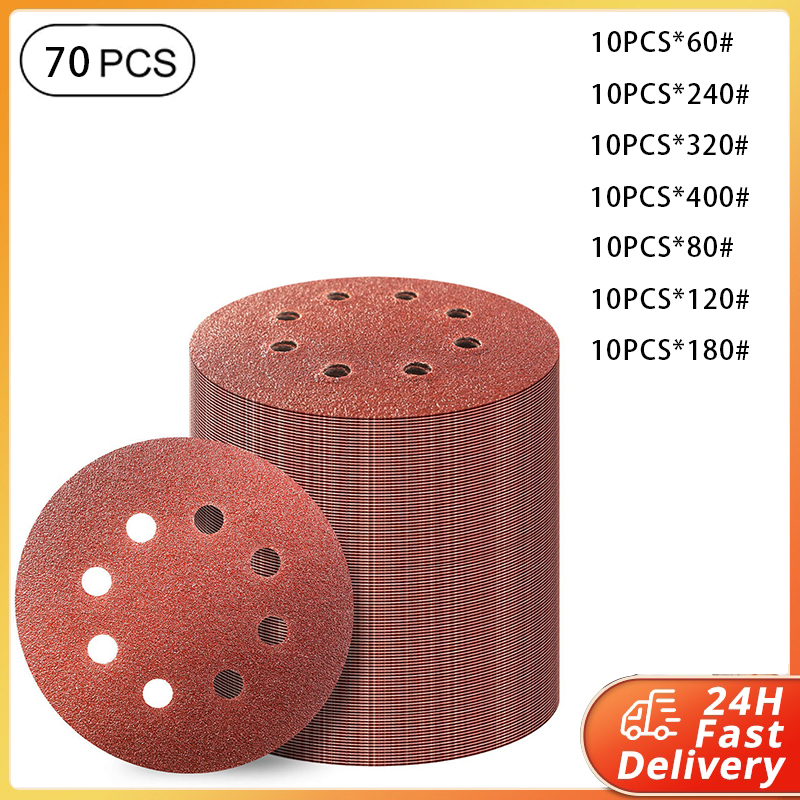 70PCS/SET 5 Inch 8 Hole Hook and Loop Sanding Discs Sandpaper for ...