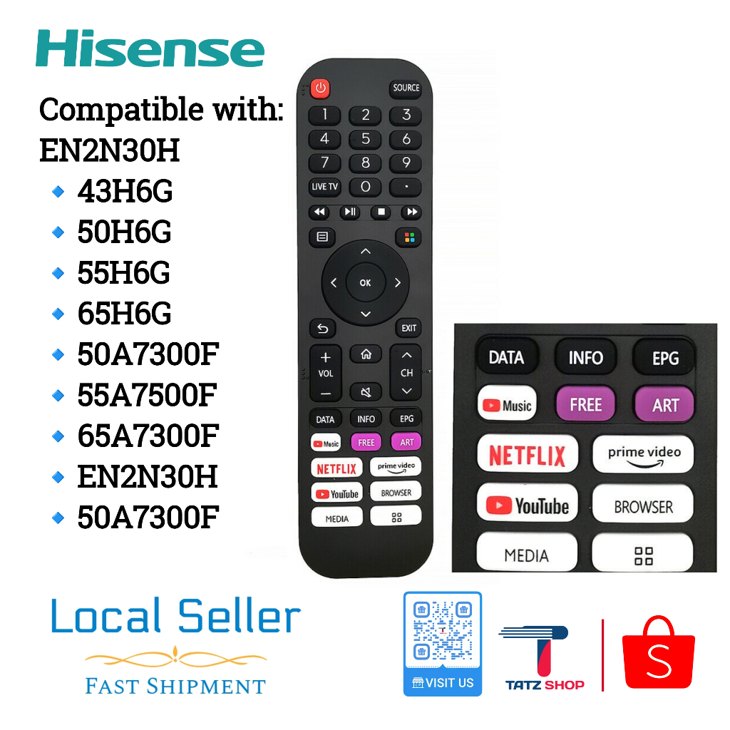 Hisense Smart TV Remote Control EN2H30H EN2D30H 43H6G 50H6G 55H6G ...