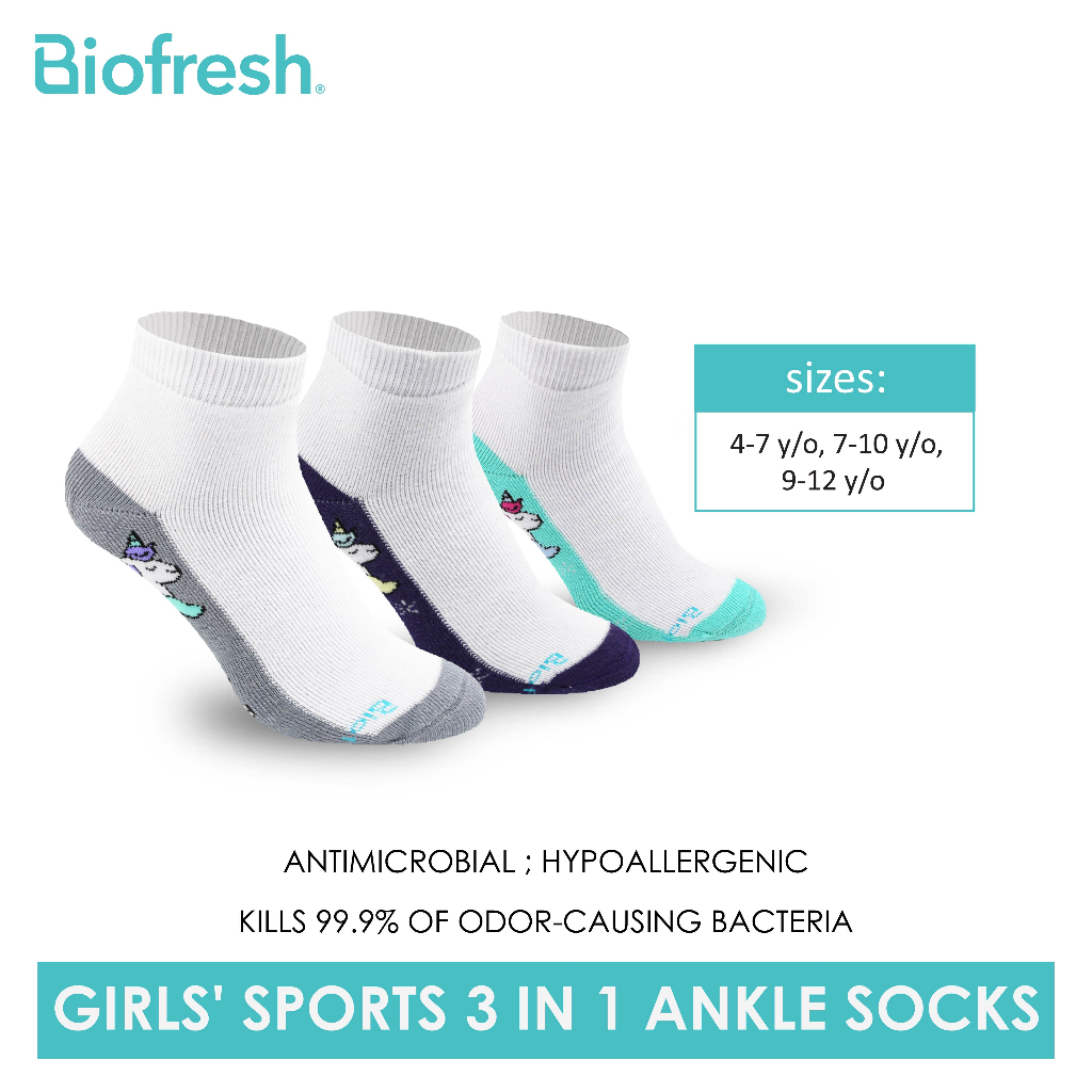 Biofresh Girls’ Antimicrobial Cotton Thick Sports Ankle Socks 3 pairs ...