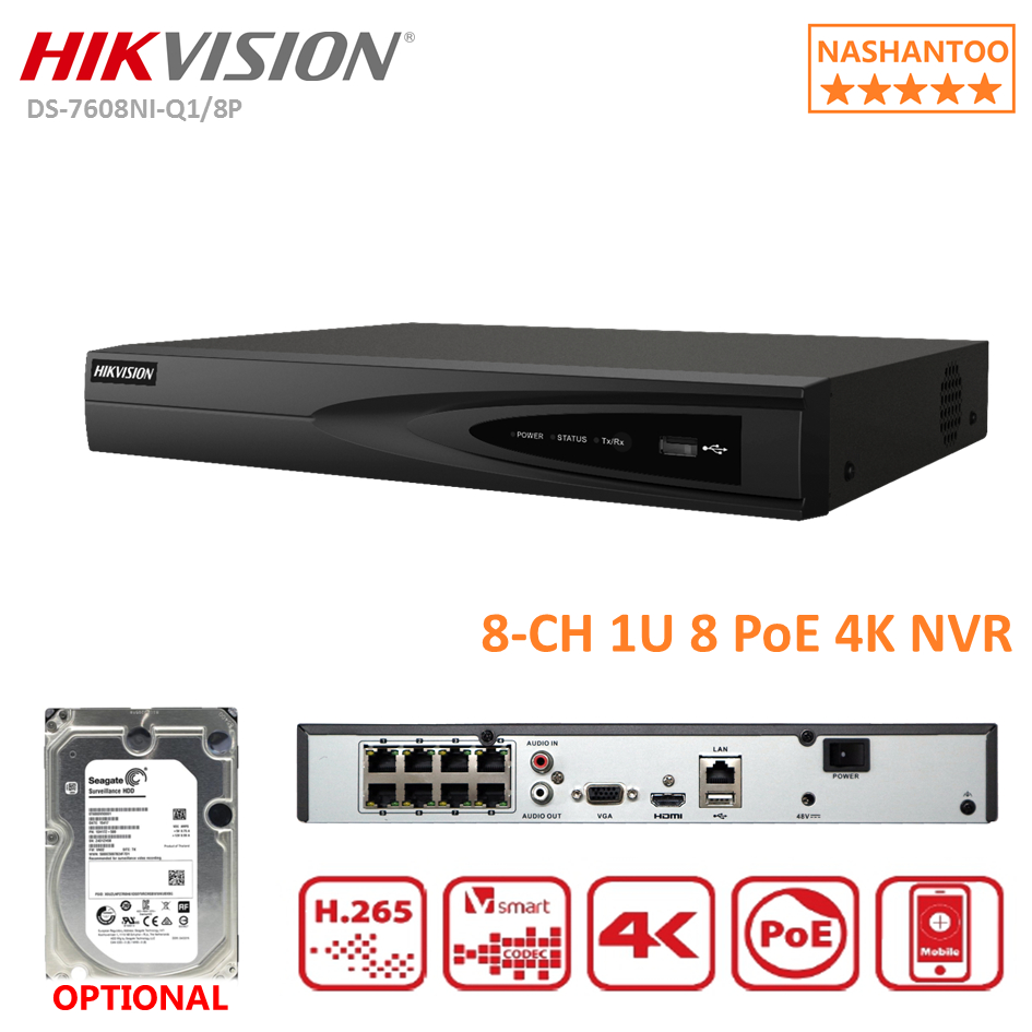 HIKVISION DS-7608NI-Q1/8P 8CH 1U 8 PoE NVR, 1SATA Interface Network ...